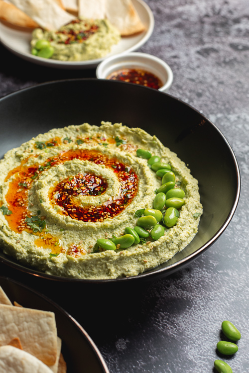 Easy Edamame Hummus with Sweet Chilli Oil - Plated Focus