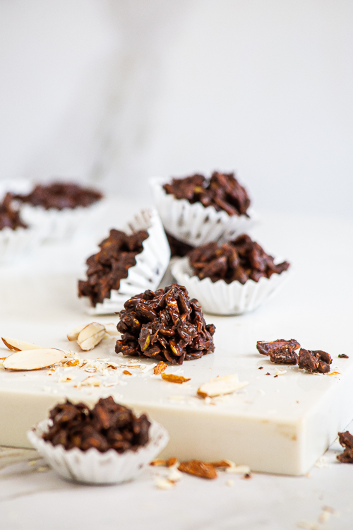 Flaky Dark Chocolate Clusters, High Energy - Plated Focus